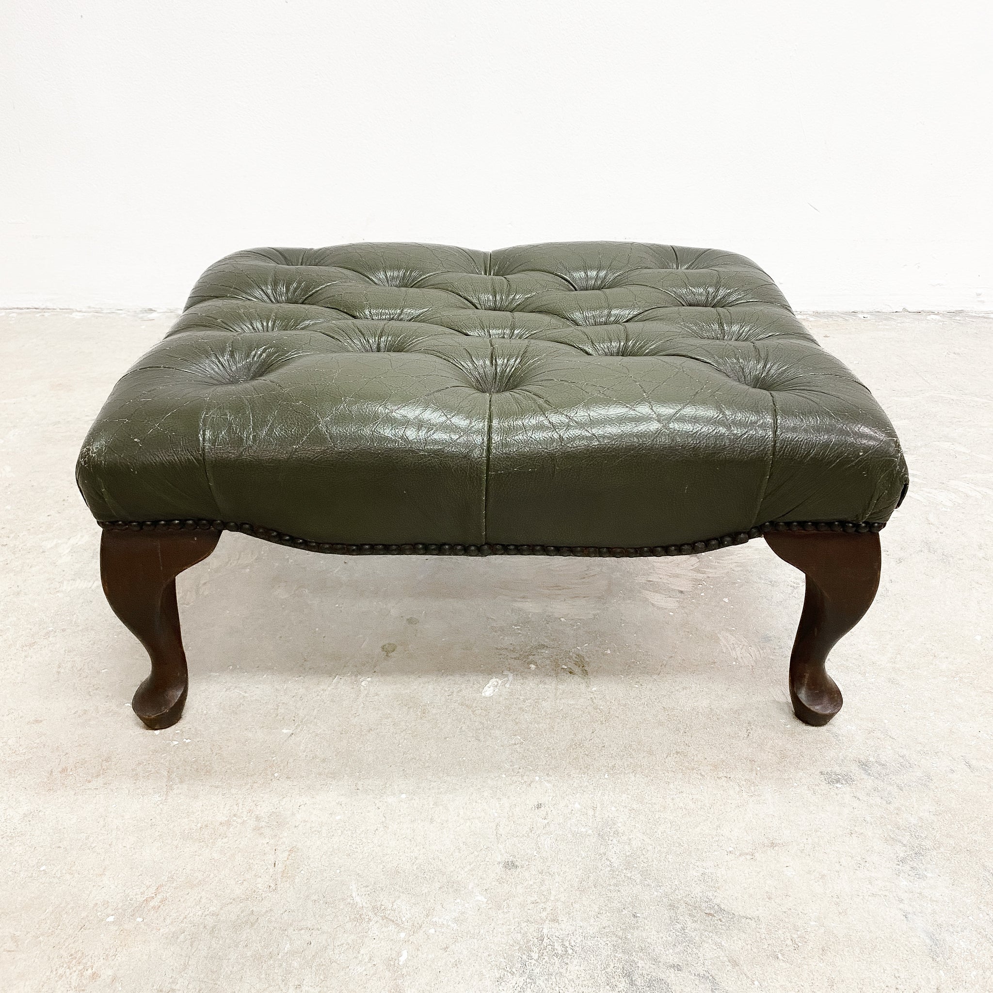Vintage Queen Anne Leg Buttoned Green Leather Foot Stool Rest– The ...