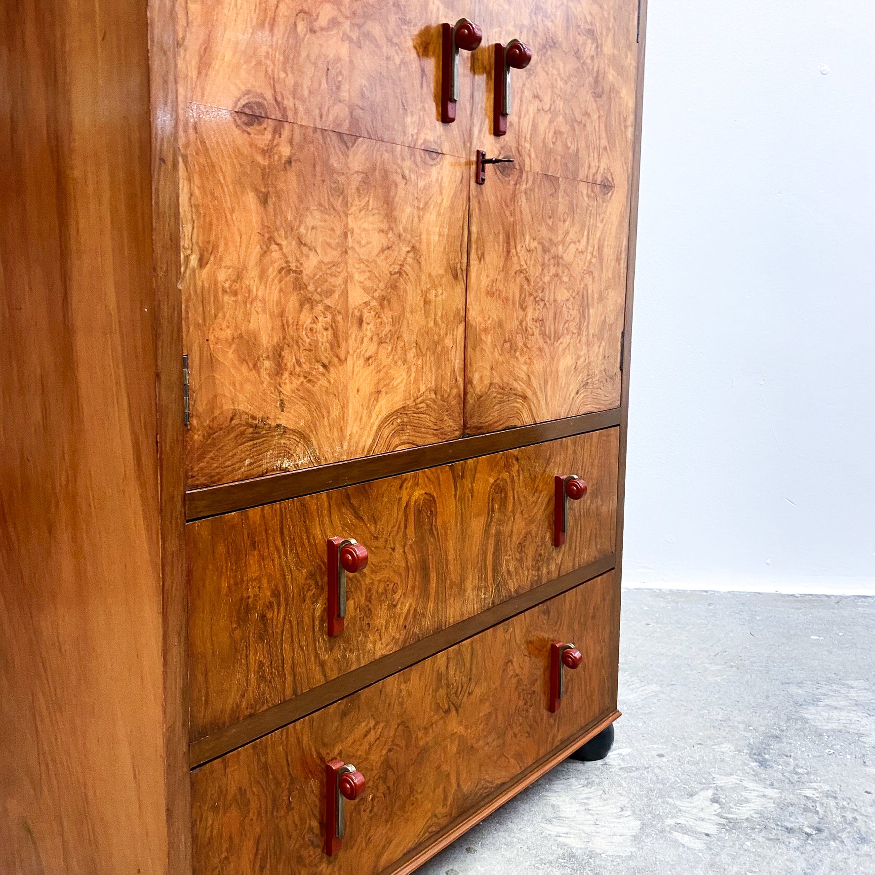 Art Deco Burr Walnut Veneer Tall Boy Linen Cabinet C1930's– The Design Ark