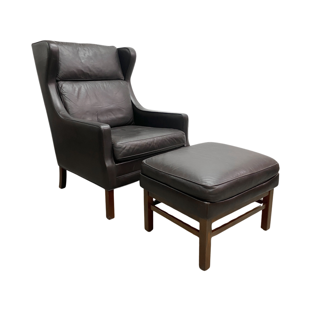 Danish Chocolate Leather Wingback Chair With Footstool– The Design Ark