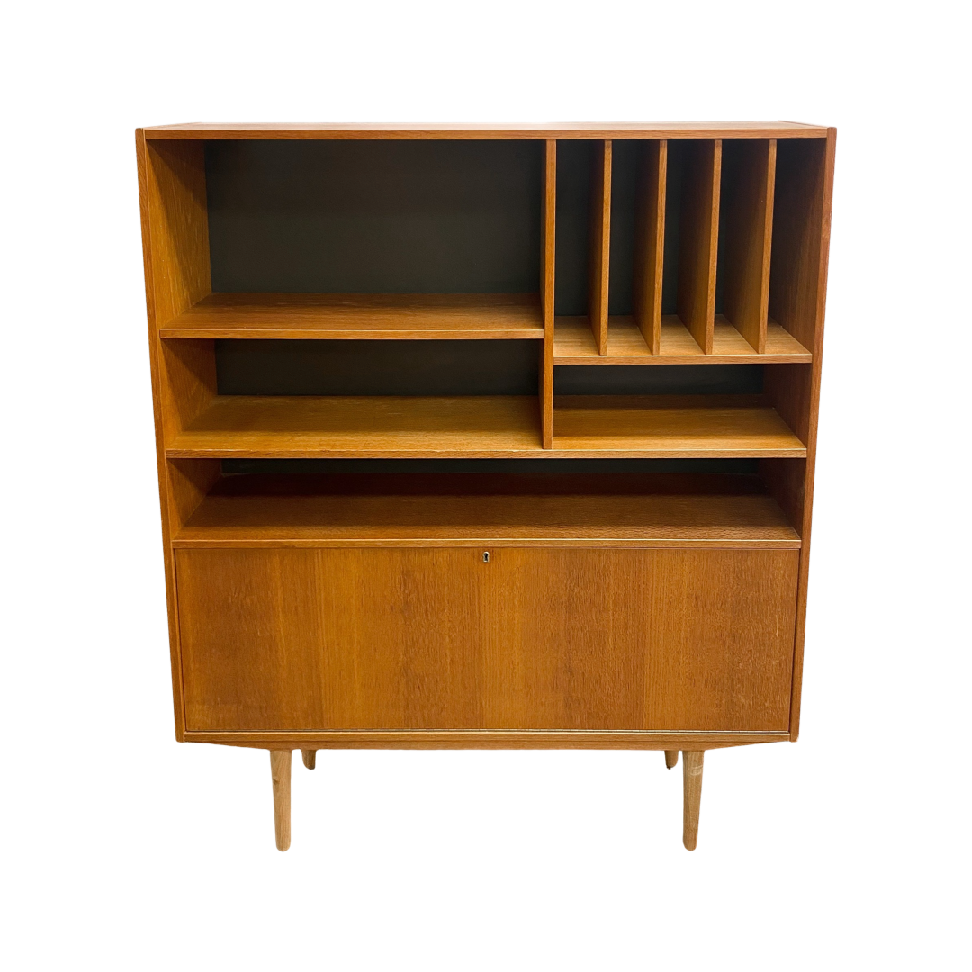 Danish Drop Front Oak Bookcase Cabinet On Tapered Legs– The Design Ark