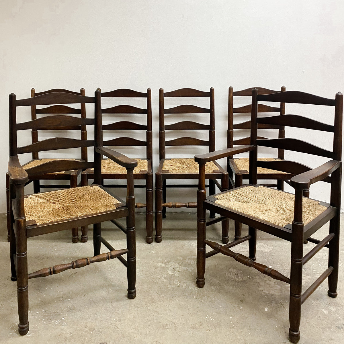 Set Of 6 Classic English Oak Ladderback Rush Dining Chairs– The Design Ark