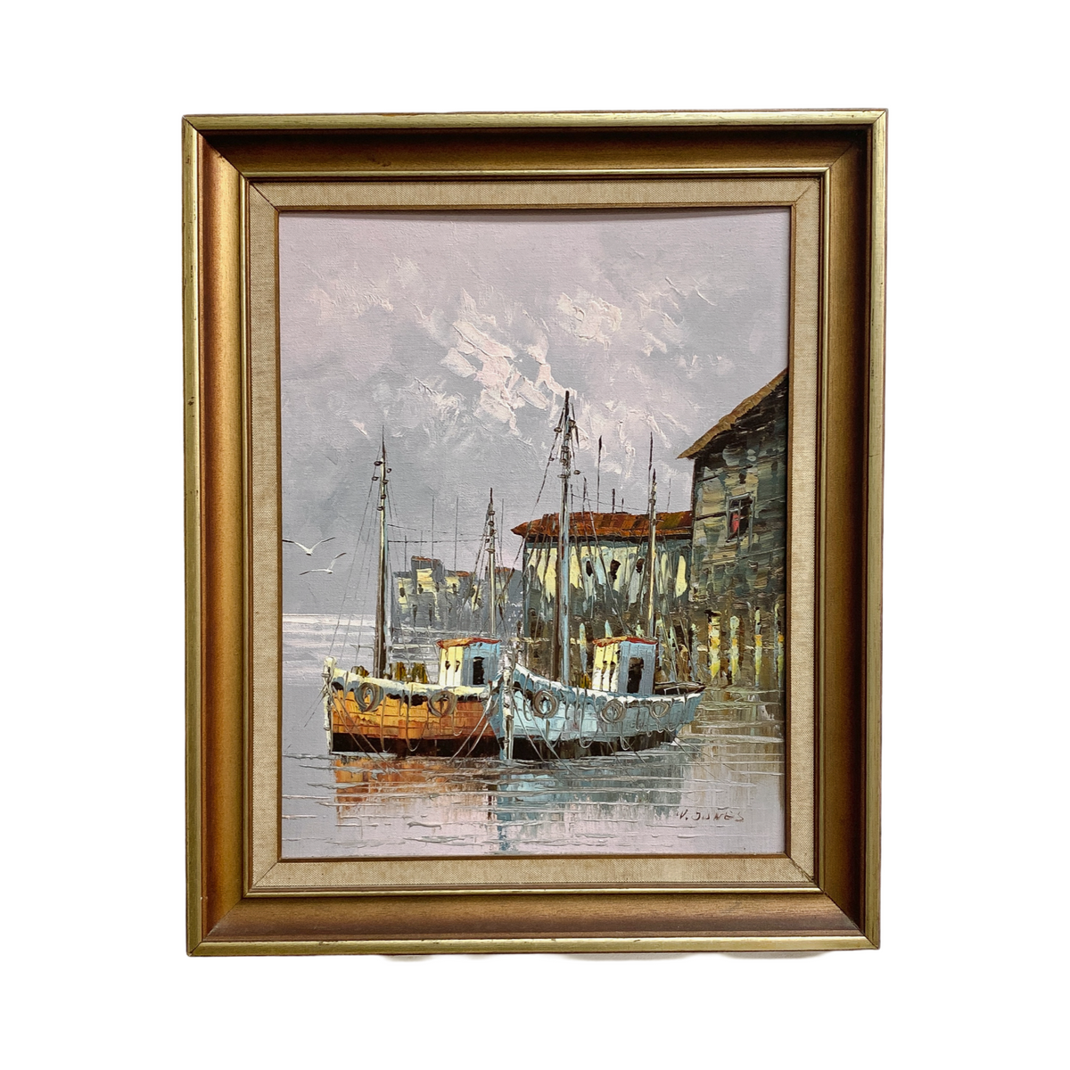 Vintage W.Jones Oil on Canvas Original Painting of Boats Harbour Side ...