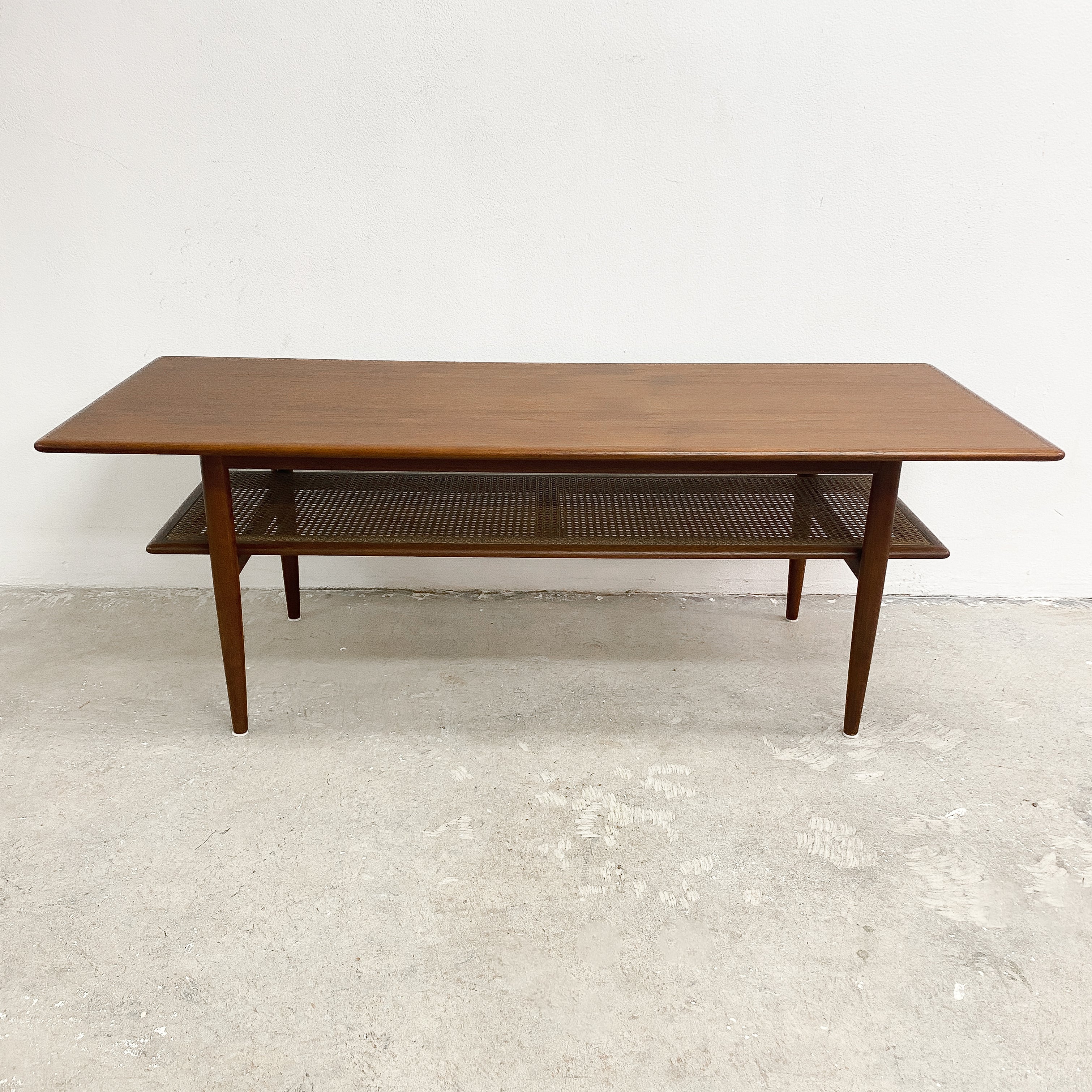 Large Restored Mid Century Teak Parker Coffee Table With Rattan Shelf ...