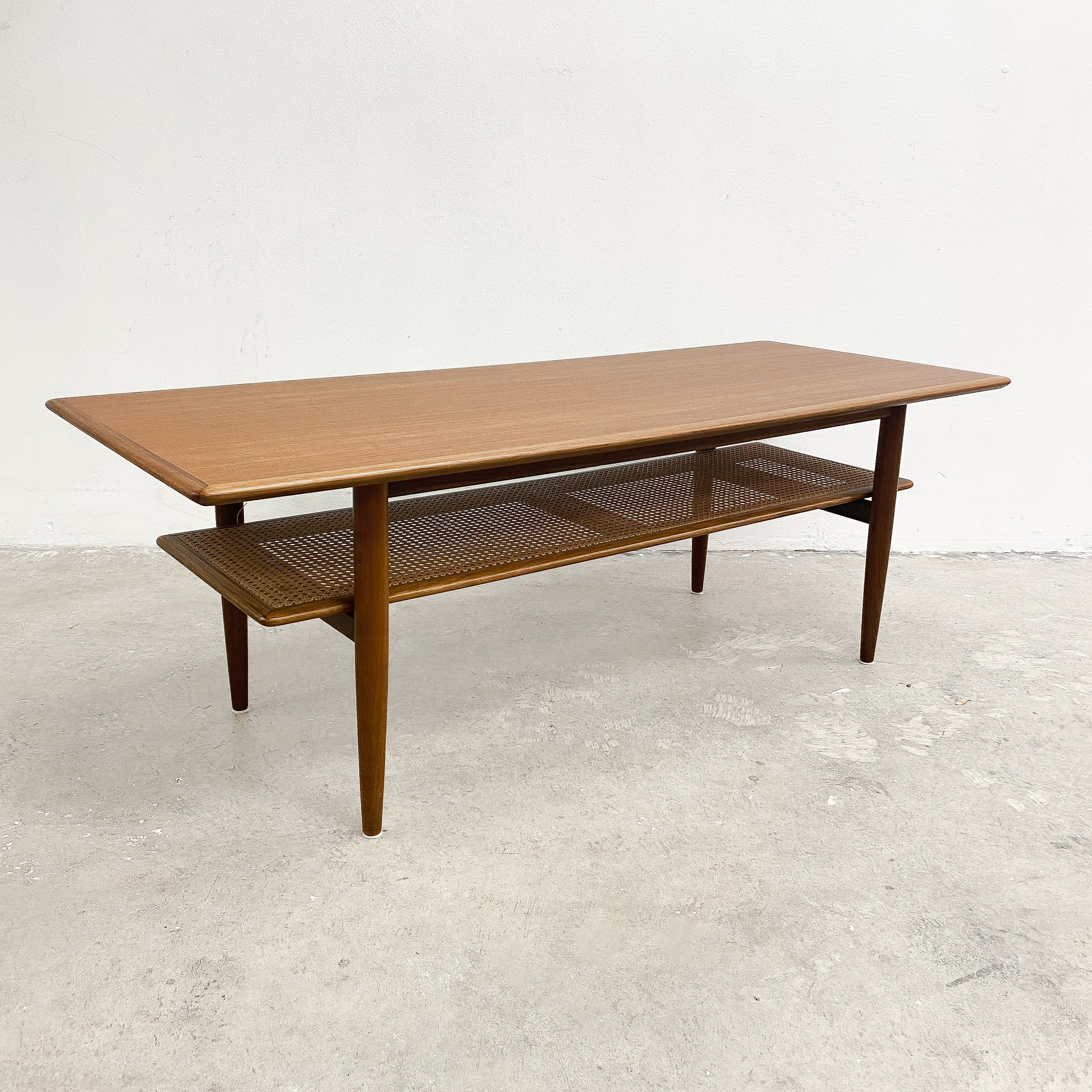 Large Restored Mid Century Teak Parker Coffee Table With Rattan Shelf ...