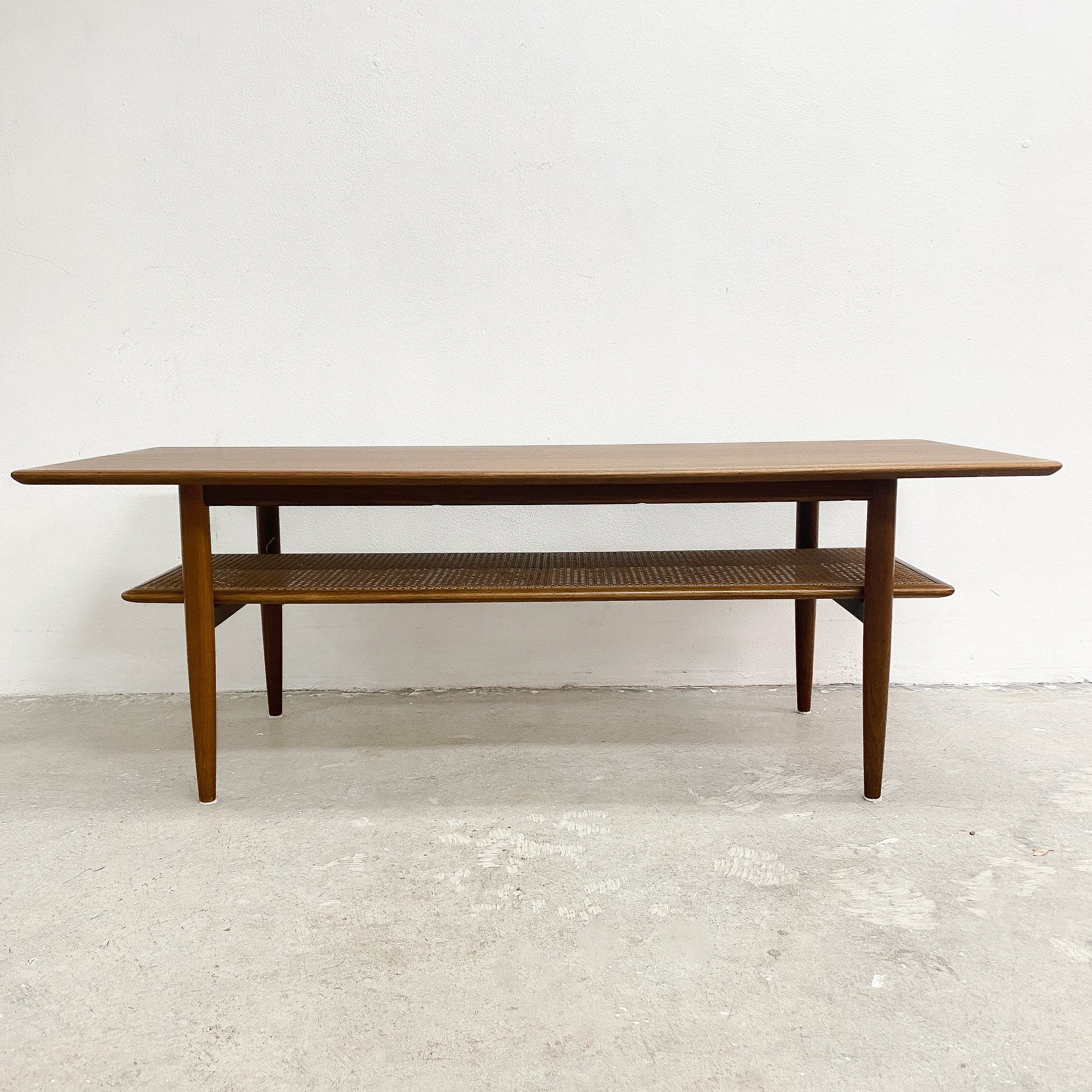 Large Restored Mid Century Teak Parker Coffee Table With Rattan Shelf ...